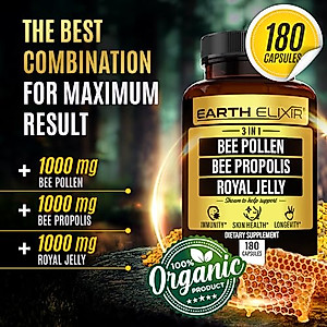 Earth Elixir 3-in-1 Bee Pollen Organic 840mg (180 Caps) W/ 840mg Bee Propolis Capsule & 840mg Royal Jelly Capsule - 3rd Party Tested - Bee Pollen Supplement - Organic Bee Pollen Capsule -No Fillers