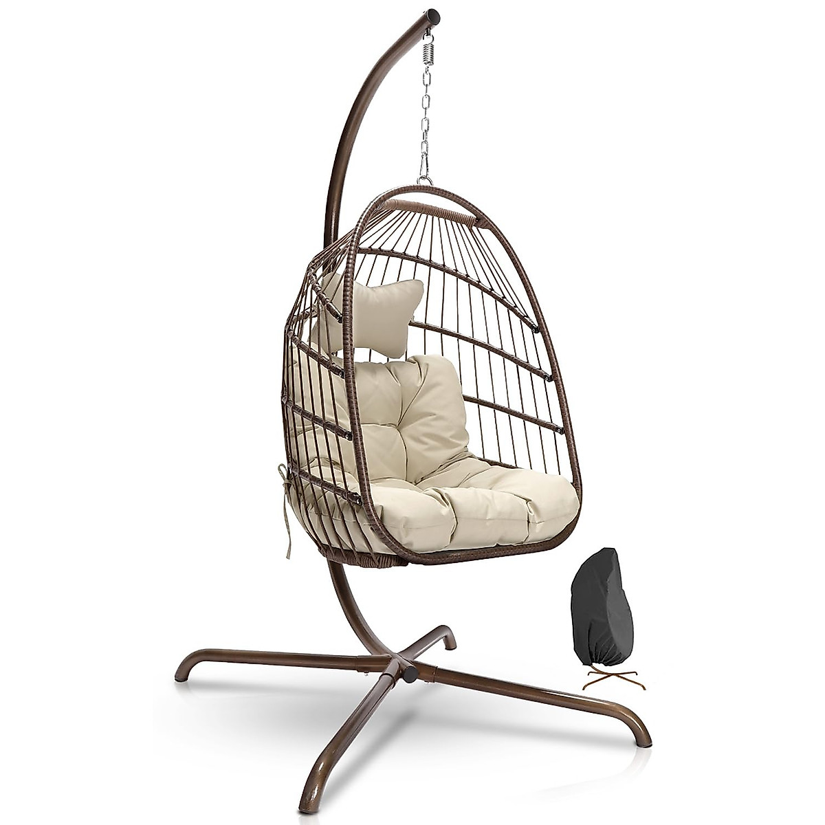 RADIATA Foldable Wicker Rattan Hanging Egg Chair with Stand, Swing Chair with Cushion and Pillow, Lounging Chair for Indoor Outdoor Bedroom Patio Garden (Brown with Cover)