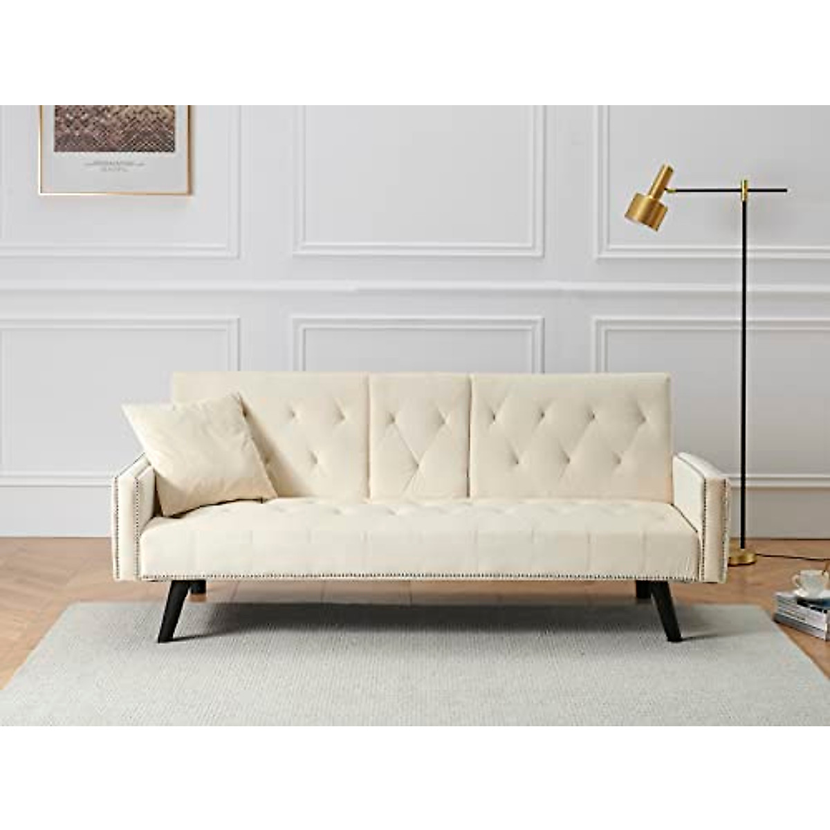 Verfur Button Tufted Convertible Futon Sofa Bed,Modern Velvet Upholstery Sleeper Couch Daybed with 2 Cup Holders and Square Armrests for Small Places Sofabed, Beige 72" with 1 Pillow