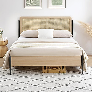 Queen Size Bed Frame with Rattan Headboard, Rattan Queen Bed Frame Platform with Rounded Corner Headboard, Queen Bed Frame Under Bed Storage Headboard, No Box Spring Needed, White Oak (Queen)