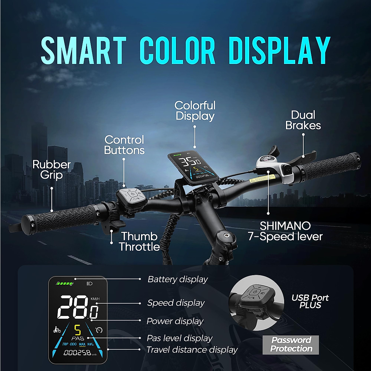 eAhora APUS 2023 Peak 1000W Electric Bike 15AH Battery 26'' Carbon Fiber Electric Bike, 7-Speed Gears 30MPH Ebike,Color Display with USB Port