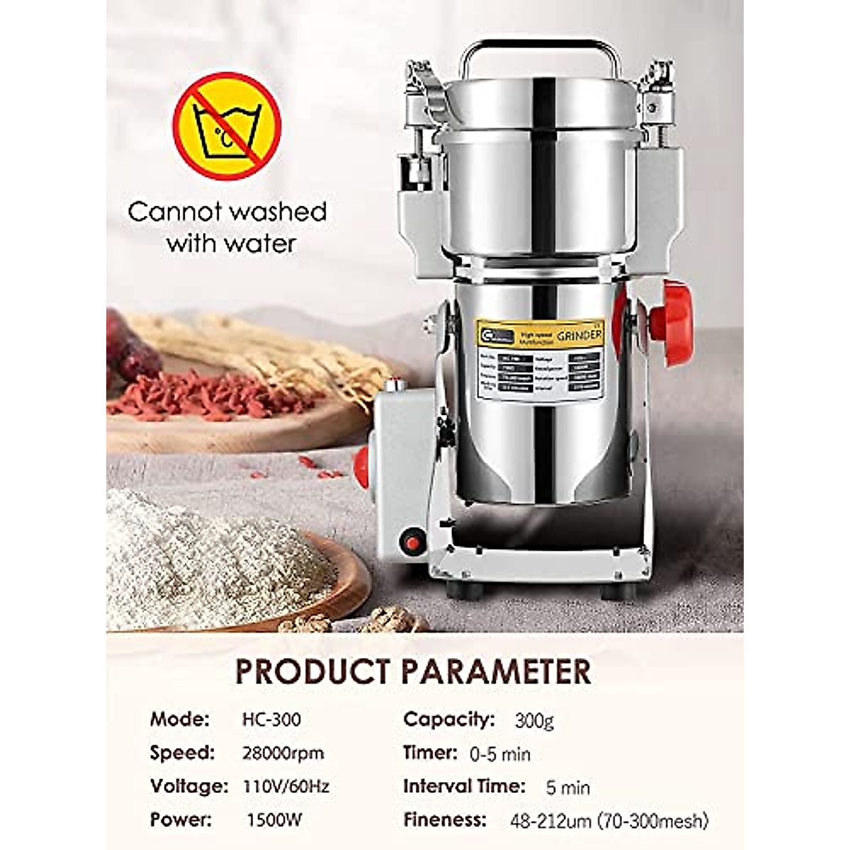 CGOLDENWALL 300g High-Speed Electric Grain Grinder Mill Stainless Steel for Commercial Spice Grinder Pulverizer for Dried Cereals Grains Spices Herbs 110V Gift for Mom/Wife