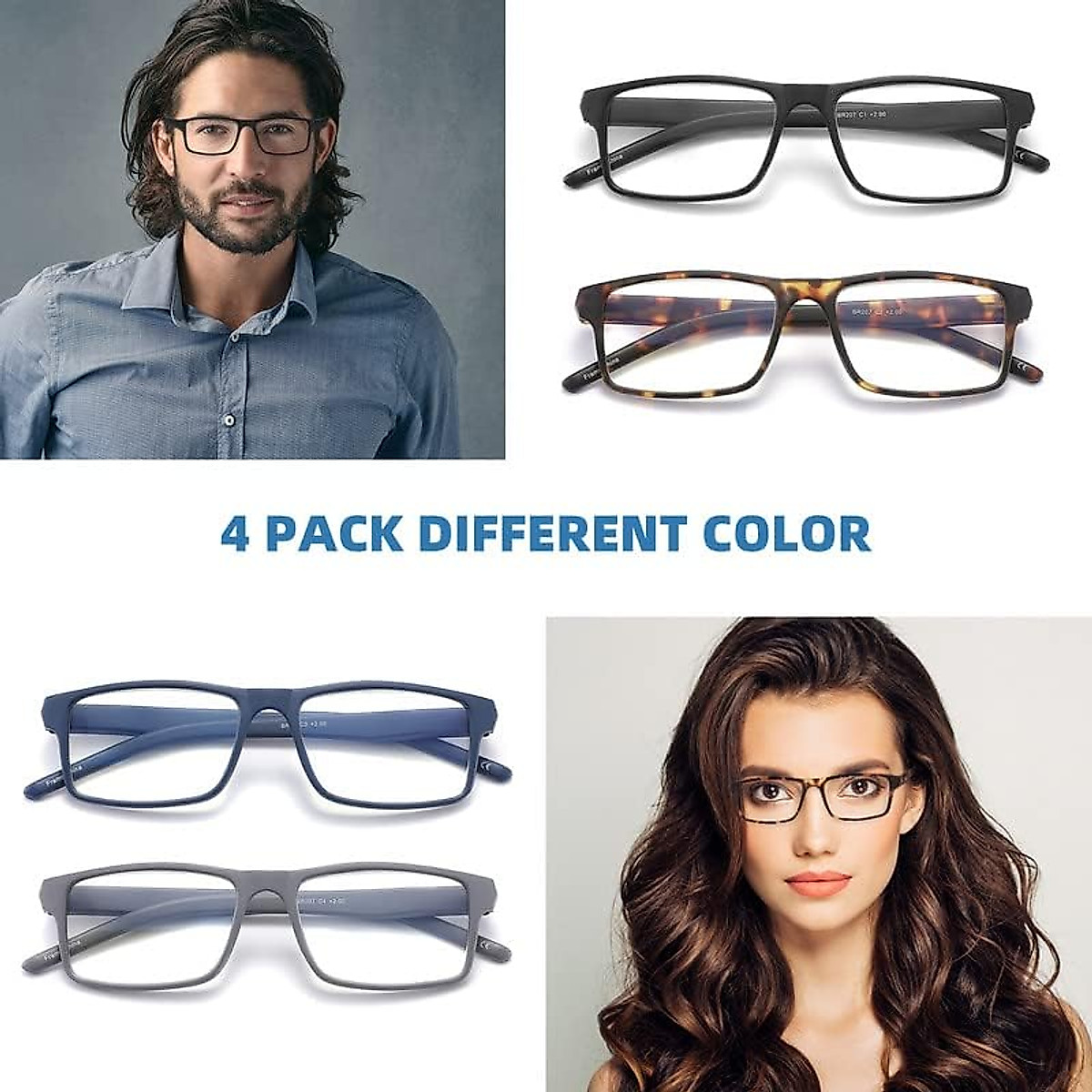JAWSOCK 4 Pack Reading Glasses Blue Light Blocking for Men Women,Rectangular Frame Computer Readers with Spring Hinge,Anti Eyestrain/UV Ray Eyeglasses (1.0x)