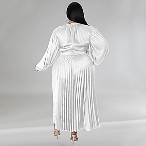 KELYWELL Plus Size Pleated Maxi Dress for Women's 2023 Fall Lantern Long Sleeve Flowy Swing Pleated Maxi Dress Clubwear (White,Large)