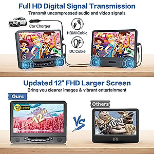 12" Portable DVD Player for Car with 1080P HDMI Input, FELEMAN Rechargable Car DVD Player Dual Screen with Full HD Digital Signal Transmission, Support USB, Last Memory(1 Player+1 Monitor)