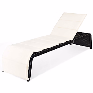 Tangkula Outdoor Chaise Lounge Chair, 5-Position Adjustable Rattan Recliner Chair w/Cushioned Seating and Adjustable Feet, Multifunctional Couch Furniture for Garden, Patio, Poolside (1, Off-White)