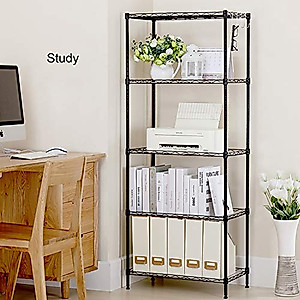 5 Tier Heavy Duty Height Adjustable Storage Rack Wire, Black Commercial Grade Steel Layer Shelving Unit Organizers, Large Metal Storage Shelves for Kitchen Garage Closet Pantry Laundry Bathroom