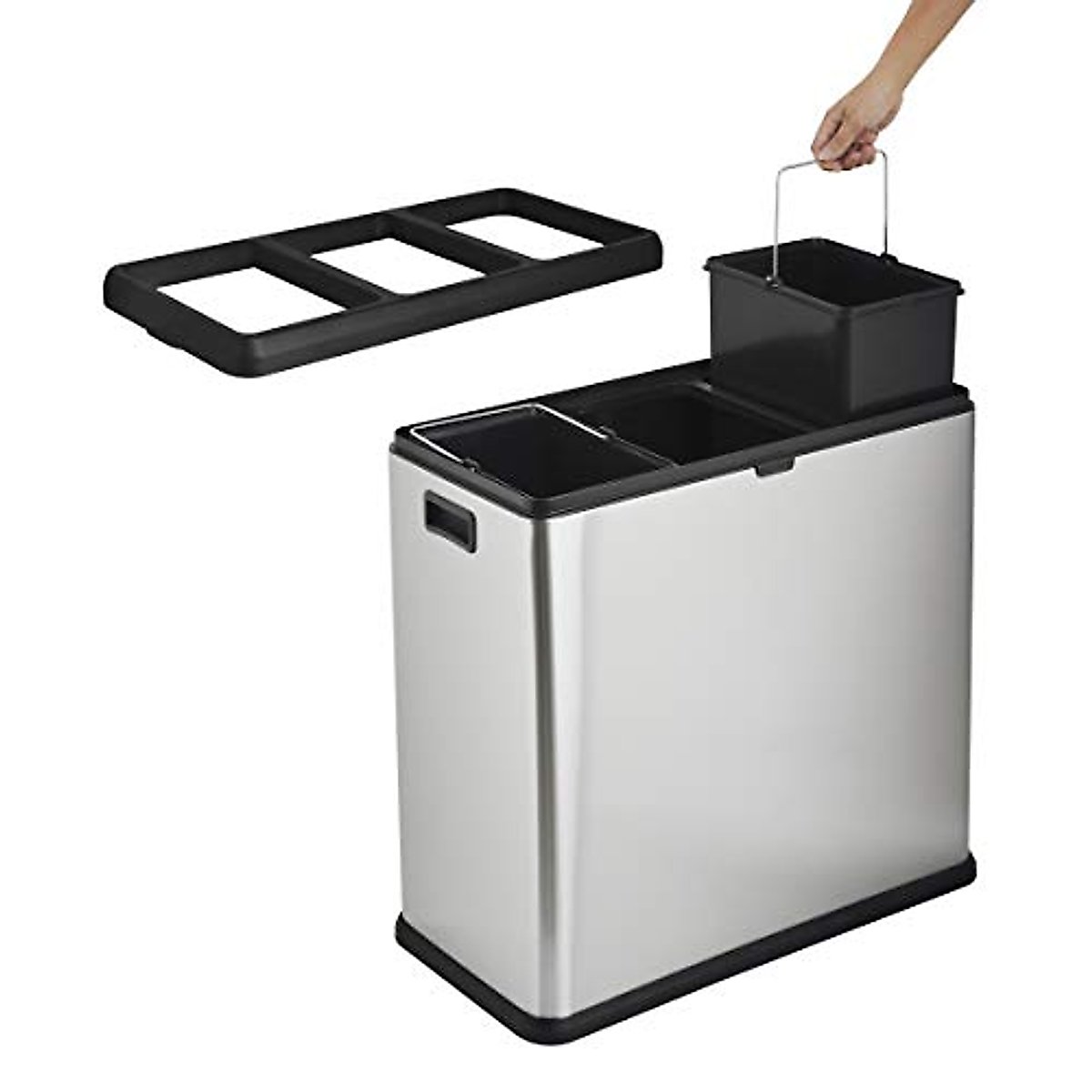 Step N' Sort 16 Gal, 3 Compartment Open Top Trash and Recycling Bin, Silver (OPN603)