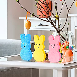 Easter Decor, 3 Pcs Glittery Easter Wooden Signs for Tiered Tray/Mantel/Table Decorations, Style of Peeps with 3D Eyes