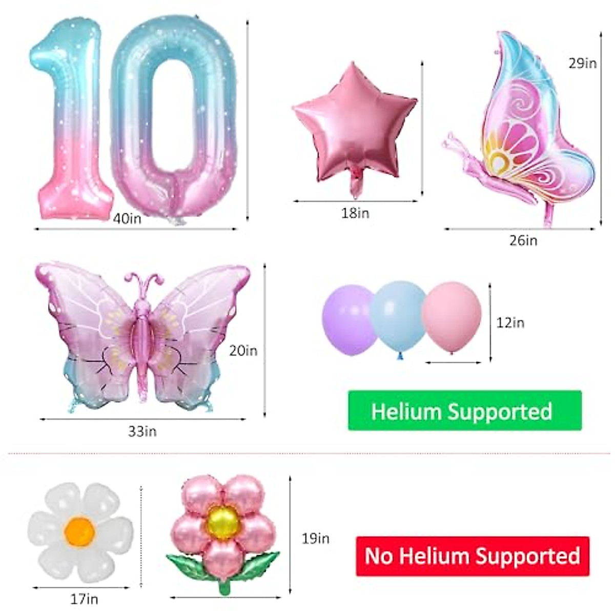 17pcs Girl's Ten Birthday Digital Butterfly Balloon Set Colorful Gradient Pink Butterfly Foil Balloon Giant Number 10 Balloon Flower Party Decorations
