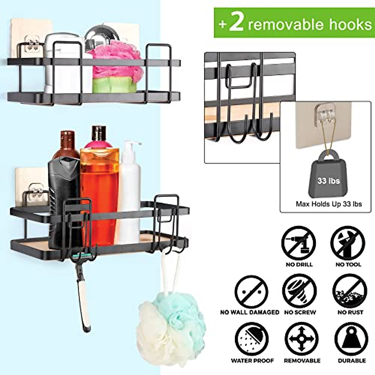 Keebofly Shower Caddy Bathroom Shower Organizer Shelf with Hooks,2 Pack,Shower Rack Self Adhesive Hanging,Rustproof Bamboo Basket,No Drilling Shower Storage Holder for Bathroom Shower Kitchen Black