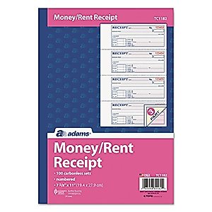 Adams TC1182 Receipt Book, 7 5/8 x 11, Three-Part Carbonless, 100 Forms