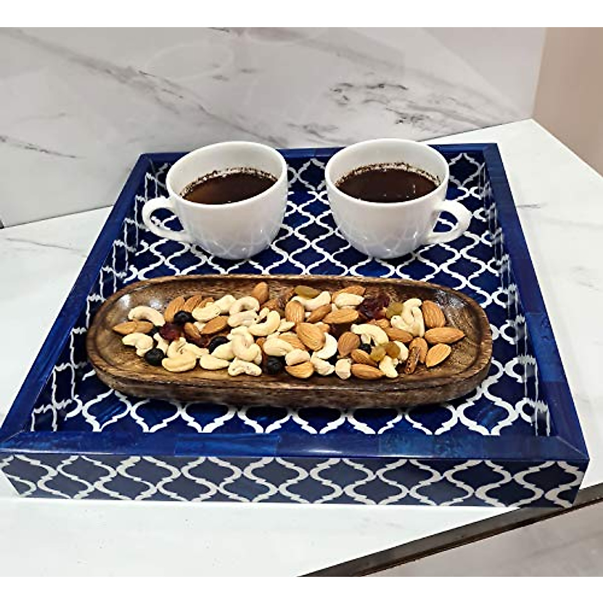 A Bone Exotic Designer Handmade Tray Kitchen Usage Coffee Table Top Drinks Serve Trays Vintage Square Blue Tray,12X12, Blue & White