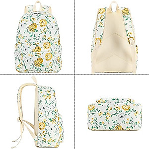 LEDAOU Backpack for Teen Girls School Bags Kids Bookbags Set School Backpack with Lunch Box and Pencil Case (Yellow White Flowers)