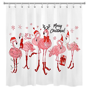 HVEST Pink Christmas Flamingo Shower Curtain 72x72 Inches with 12 Hooks Snowflake Happy Tropical Bird Family with Santa Hat Merry Christmas Curtains Polyester Fabric for Kids Bathroom