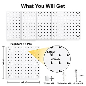 LANSI 4Pcs Peg Board, Pegboard Wall Organizer Panels, White Pegboard Wall Mount, ABS Pegboard for Craft Room Garage Kitchen Workshop, ABS Peg Boards Easy Installation (White)