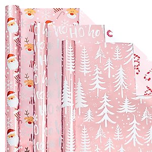 Afucus Reversible Pink Christmas Wrapping Paper, Christmas Tree, Joy Candy Cane, Snowflake, Reindeer, and HO Santa Laughter Themed Gift Wrap Paper, Mini Rolls for Christmas (17 Inch X 120 Inch)