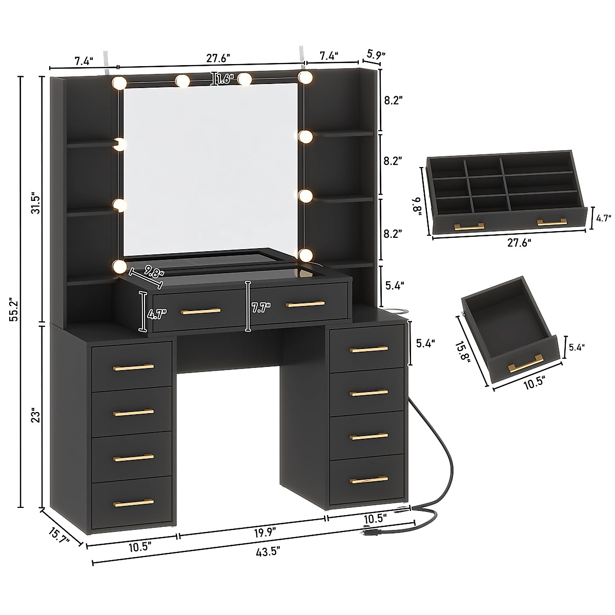 jiteentarou Glass Top Vanity Desk with Mirror and Lights, Large Vanity Makeup Mirror Desk with Charging Station Compartment Storage Drawers, Modern Makeup Vanity with 9 Drawers 6 Shelves, Black