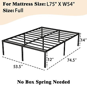 Jebosam Full Size Bed Frame No Box Spring Needed 14 inch Heavy Duty Platform Steel Support 2500 lbs Bed Frame Full Size Easy to Assembly Non-Slip Noise Free Black
