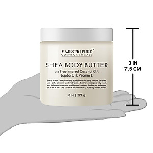 Majestic Pure Shea Body Butter - Intense Hydrating with Fractionated Coconut Oil, Jojoba, and Vitamin E - Moisturize for Dry, and Oily Skin - For All Skin Types - Skin Care for Men and Women - 8 oz