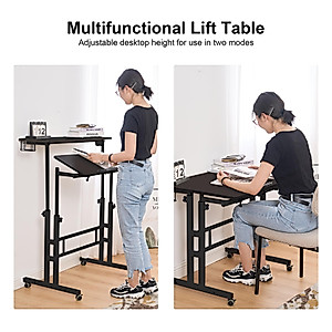 SogesPower 2 Platforms Mobile Laptop Desk Adjustable Side Table Computer Stand for Bed Sofa,Mobile Standing Desk with Cup Holder and Hooks,Black