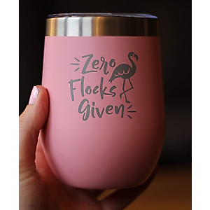 Zero Flocks Given - Flamingo Wine Tumbler with Sliding Lid - Stemless Stainless Steel Insulated Cup - Cute Funny Outdoor Camping Mug - Pink