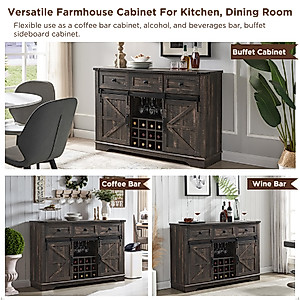 OKD Farmhouse Wine Bar Cabinet w/Sliding Barn Door, 54" Kitchen Coffee Bar Cabinet w/Wine & Glass Rack, Storage Shelves, 3 Drawers, Rustic Large Buffet Sideboard for Dining Room, Dark Rustic Oak