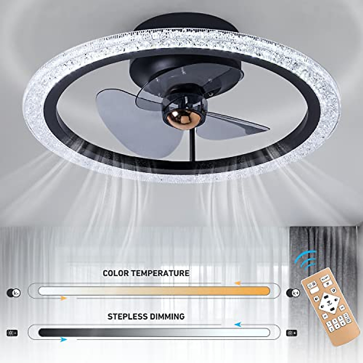 REDSTAR Modern Ceiling Fan with Light 20", Higher Light Transmittance with Traditional Safe and Quiet Motor, Black Ceiling Lights with Fan Remote Control Reversible for Bedroom