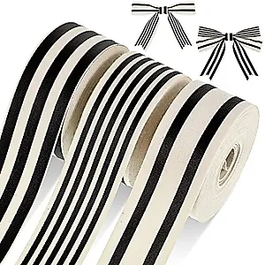 3 Rolls 1 Inch x 18 Yards Christmas Black White Stripe Ribbon Striped Fabric Ribbon Natural Cotton Ribbon Gift Wrapping Craft Ribbons for Home Christmas Wedding Party Decor, 3 Styles