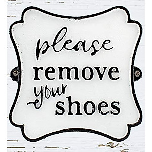 AuldHome Cast Iron Sign: Please Remove Your Shoes; Farmhouse Metal Plaque in Black and White 6.5 inches x 6.5 inches; Includes Mounting Hardware