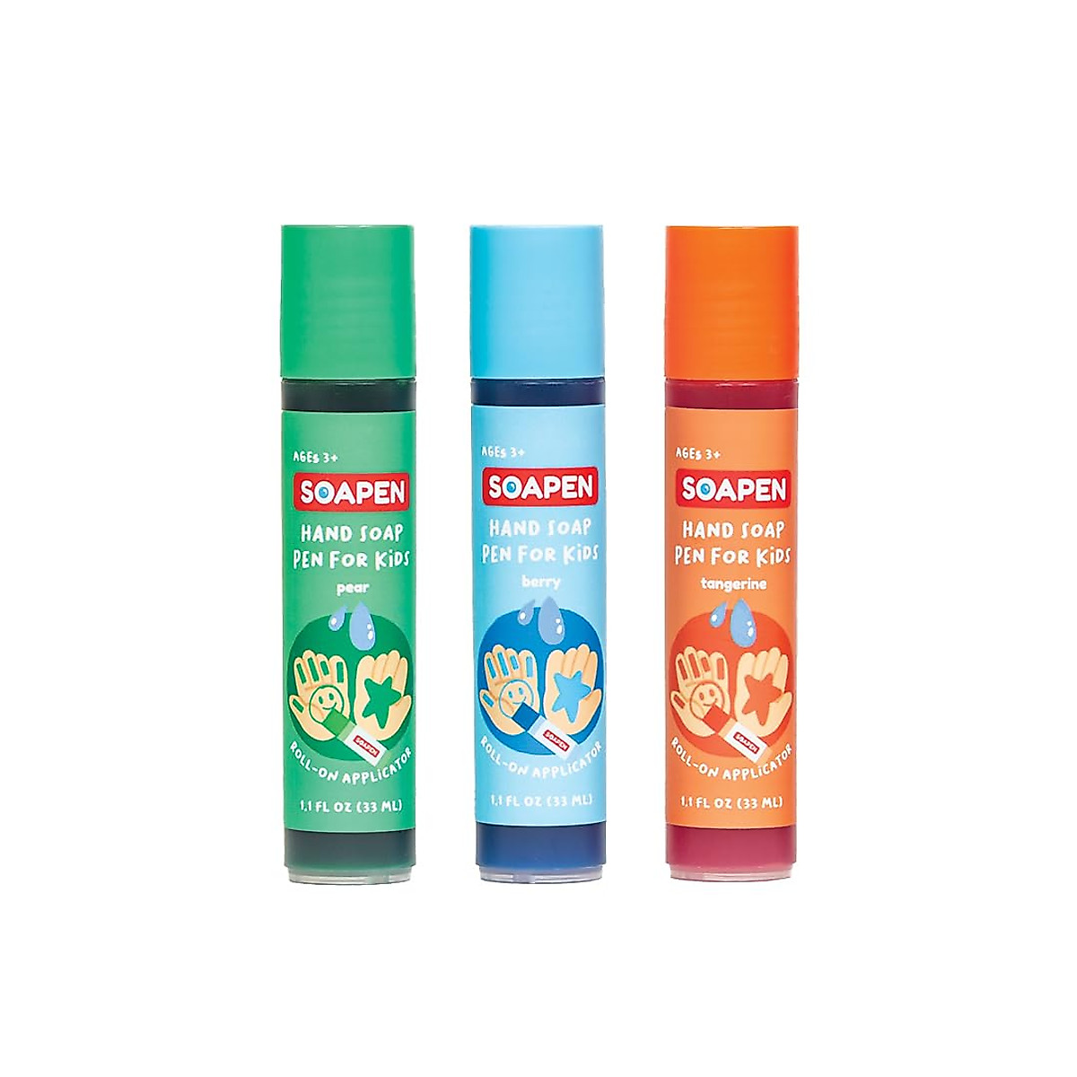SOAPEN Kids’ Roll-On Hand Soap | As Seen on Shark Tank | Fun, Colorful Soap Pen | Encourages Proper Handwashing | Nourishing, Paraben Free | 3 Pack (Pear/Berry/Tangerine)