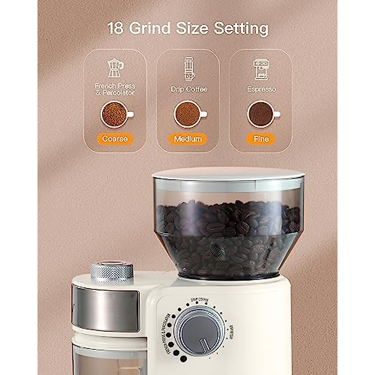 boly Electric Burr Coffee Grinder, Adjustable Burr Mill Coffee Bean Grinder with 18 Grind Settings, Burr Coffee Grinder for Espresso, Drip Coffee and French Press, White