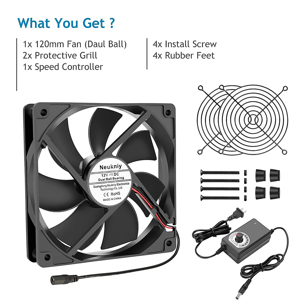 Neukniy 120mm Computer Fan with AC Plug, 110V 120V 220V 240V AC Variable Speed Fan AC Powerful Fan for Mushroom Growing, Receiver, Amplifier, Biltong Box, X-Box, Sound System Cooling