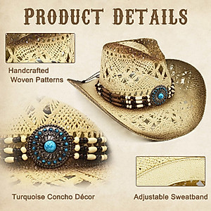 FLUFFY SENSE. Cowgirl Hats for Women Straw Cowboy Hat Western Beach Sun Hat with Shapeable Brim for Coastal Cowgirl (Cream Beige)