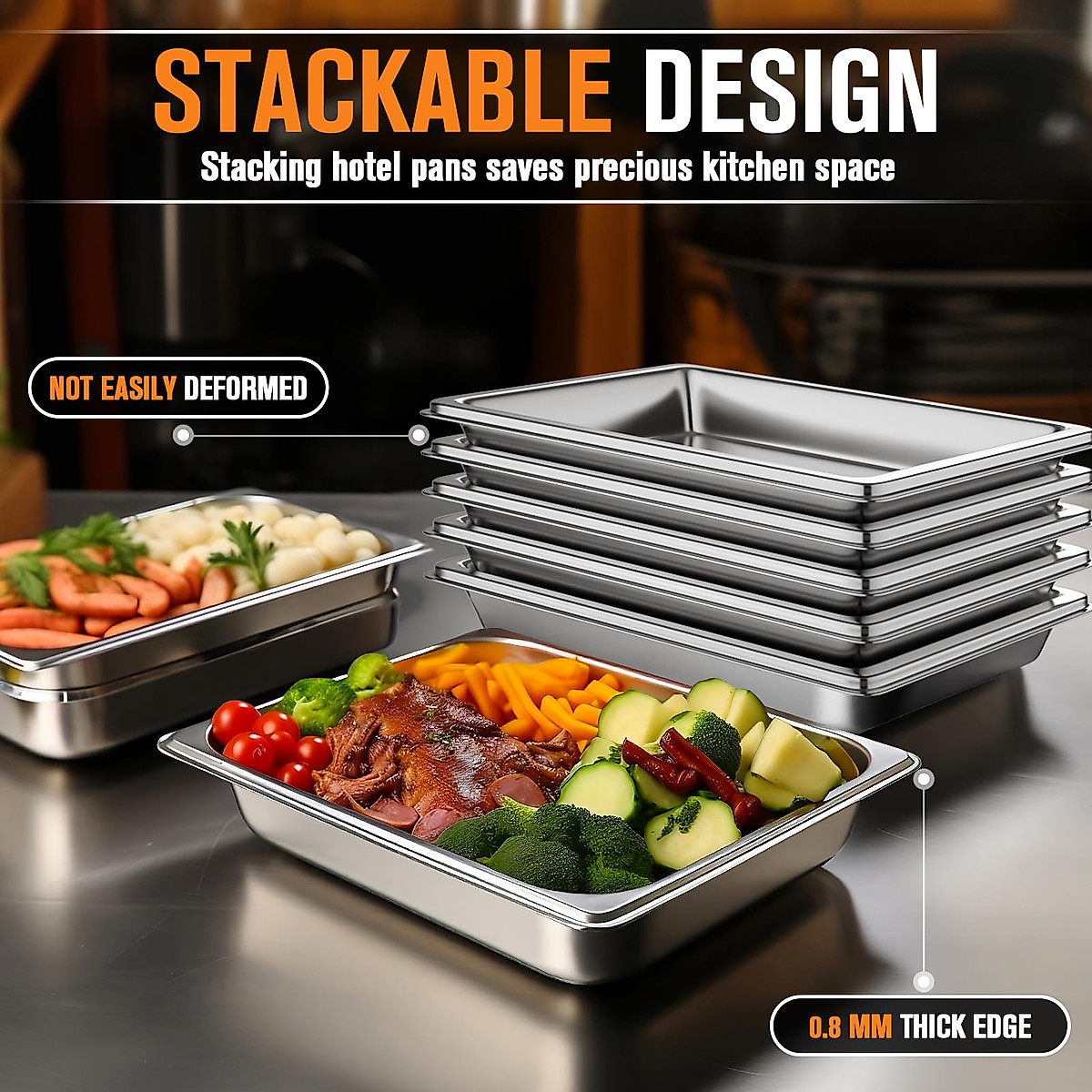 IVONNEY Hotel Pan Steam Table Pans Full Size 2.5 Inch Deep Stainless Steel Pan, Commercial Food Pans for Restaurant, Catering Supplies - Chafing Pans, Catering Pans, Buffet Pans (6 Pack, 1/1 Size)