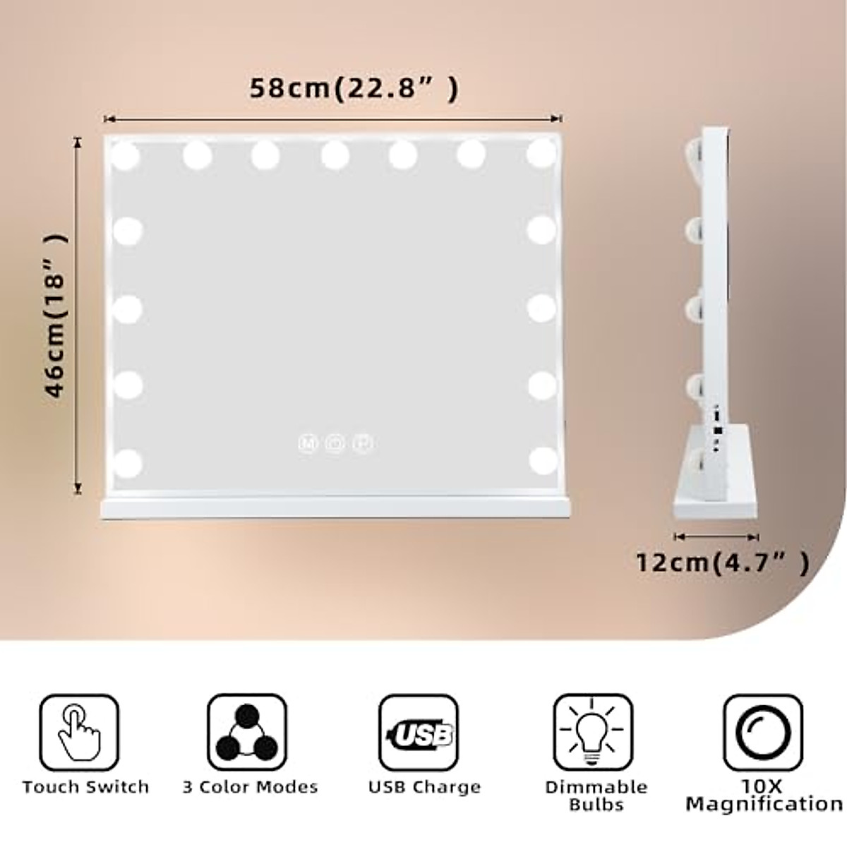 Fenair Vanity Mirror with Lights 22.8"x 18.1" Makeup Mirror with Lights and 15 Dimmable Bulbs,3 Colors Modes,Hollywood Mirror with USB Charging Port and 10X Detachable Magnification Mirror
