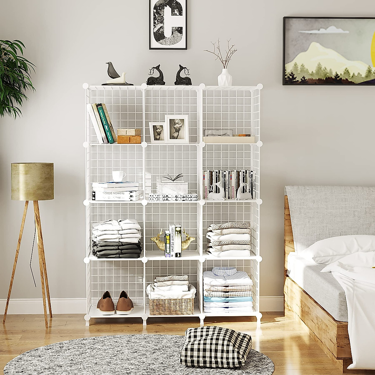 AWTATOS Wire Cube Storage Organizer, Closet Organizers and Storage, Metal 12 Cube Storage Shelves Bookshelf, Portable Closet Clothes Organizer for Bedroom, Home, Office, White