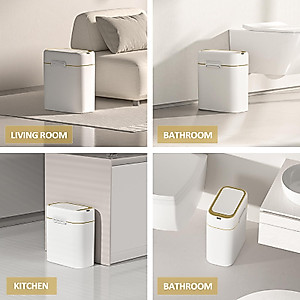 ELPHECO 2.5 Gallon Garbage Can with Buckle-up Latches, Motion Sensor Trash Can with Buckling Latches for Bathroom, Living Room, Office, Bedroom, 2 AA Batteries (Excluded), White Gold