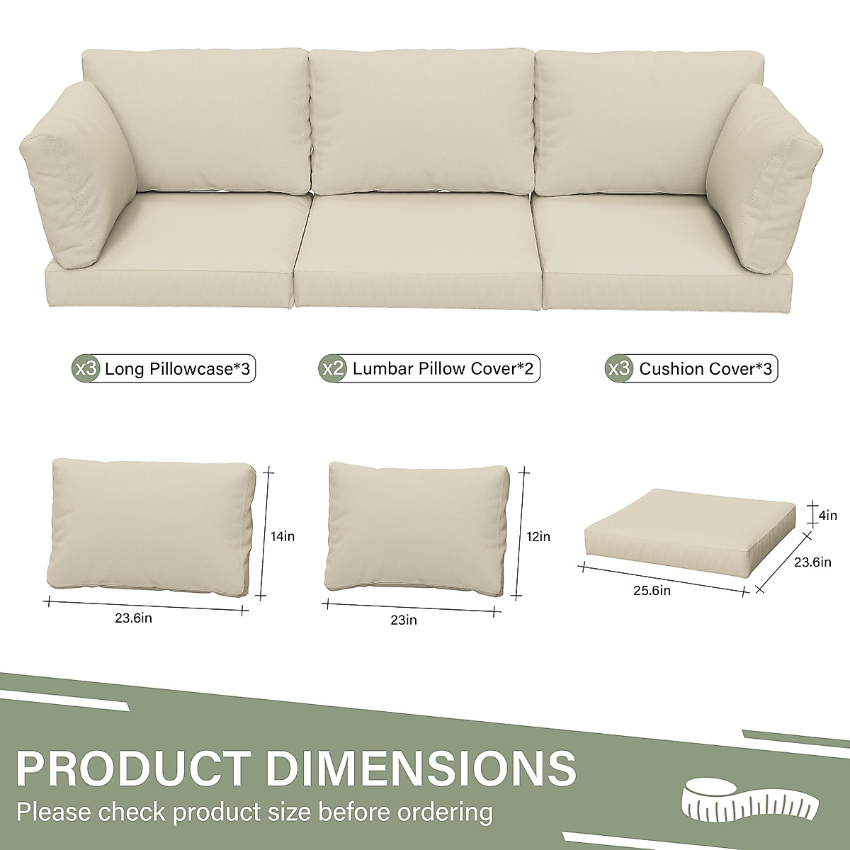 Pakunoda 8 pcs Outdoor Cushion Slipcovers Outdoor Patio Cushions Covers Replacement Waterproof with Zipper w/3 Seat Cushion Covers and 5 Backrest Pillow Covers, Covers Only