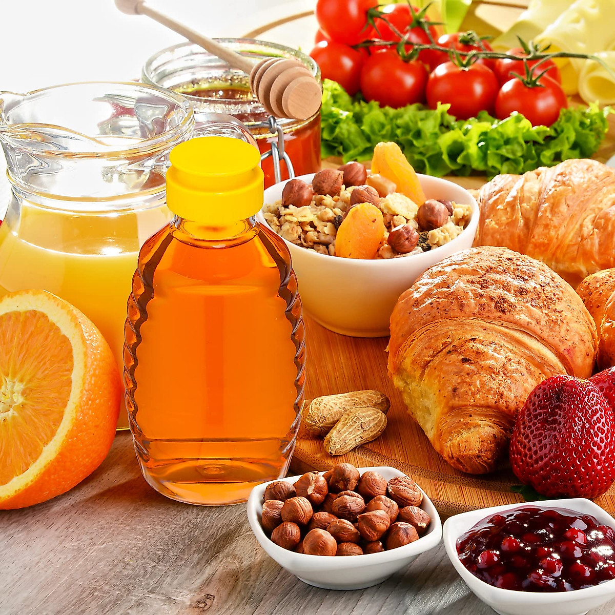 24 Pcs 16 oz Clear Plastic Honey Bottles Plastic Skep Style Jar Honey Squeeze Bottle Empty Refillable Honey Dispenser with Flip Top Lids Leak Proof Honey Containers Holders for Storing and Dispensing