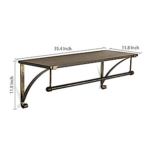 MyGift Wall Mounted Brown Wood & Antique Bronze-Tone Metal Floating Shelf with Garment Hanger Rod