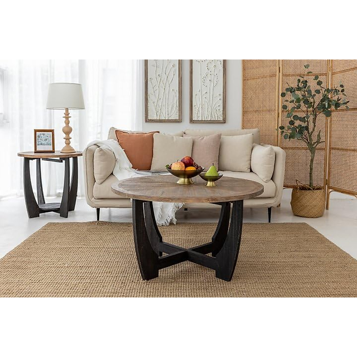 COZAYH Rustic Farmhouse Coffee Table with Crisscross Base, French Country Accent Table for Family, Dinning or Living Room, Modern, Round