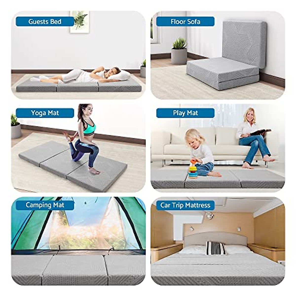 IULULU Folding Mattress, 4-Inch Single Size Tri-Fold Memory Foam Mattress Topper with Breathable & Washable Cover, Portable and Foldable Mattress for Floor, Guest Bed, Camping - CertiPUR-US Certified , Grey