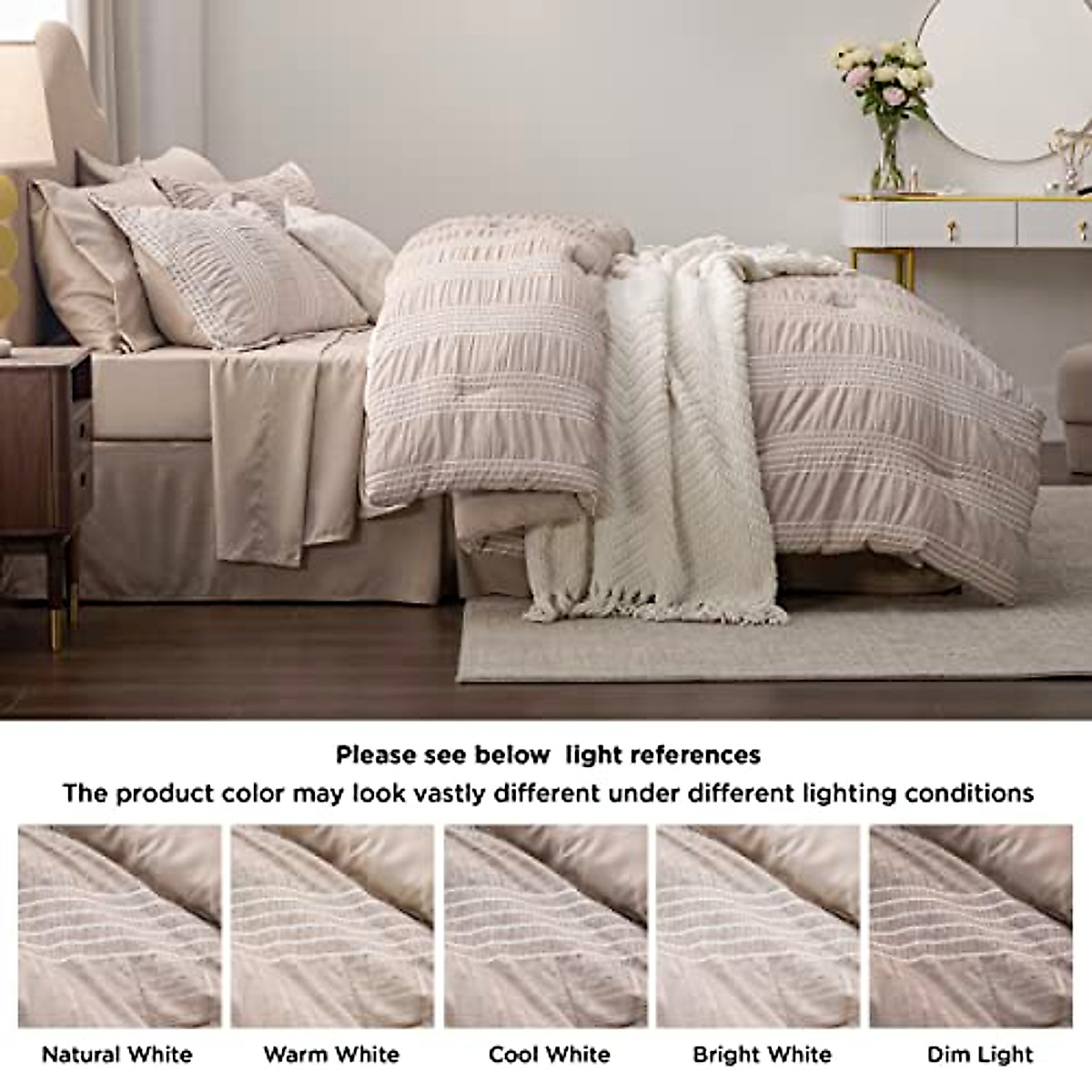 Bedsure Bed in a Bag Queen - Queen Comforter Set 7 Pieces Stripes Seersucker Bedding Set, Soft Lightweight Down Alternative Comforter, Queen Bed Set (Khaki, Queen 88 x 88 Inch)