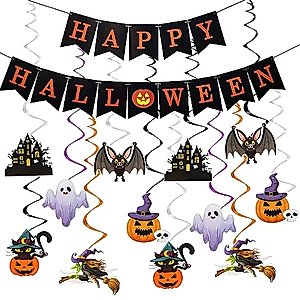 Lucleag 12Pcs Halloween Hanging Swirls Decorations & Halloween Banner, Pumpkin Bat Witch Ghost Hanging Decor Happy Halloween Banner for Ceiling Wall, Hanging Decoration for Halloween Party Supplies