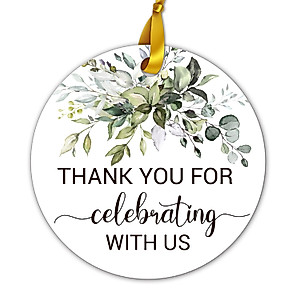 50 Thank You Favor Tags, Thank You for Celebrating with Us Gift Tags for Weddings, Bridal Showers, Birthdays, Parties, Baby Showers, 2-inch Round with 2 Rolls of Ribbon 20M/65.6ft. Greenery