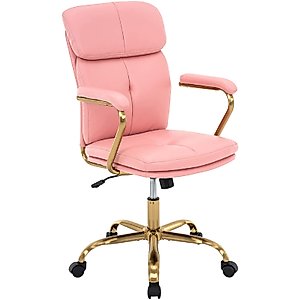 MFD LIVING Home Office Chair, Modern Upholstered Mid-Back PU Leather Task Desk Chair with Arms, Adjustable Rocking Swivel Computer Chair with Wheels (Pink)