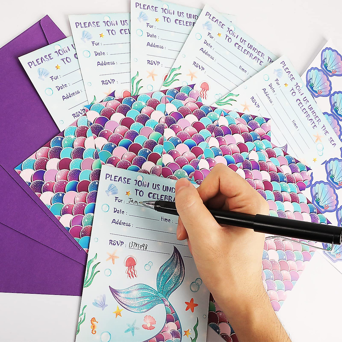30 Pack Mermaid Birthday Invitation Mermaid Party Invitation Cards, 30 Mermaid Sticker Labels with 30 Envelopes Under the Sea Party Decorations Supplies for Kids Girls Baby Shower Ocean Birthday Party