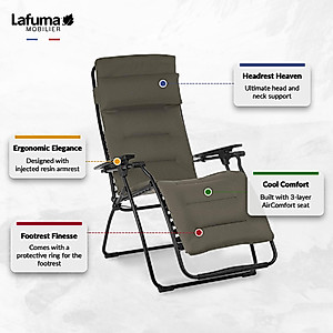Lafuma Futura Air Comfort Zero Gravity Steel Frame Padded Recliner Folding Outdoor Patio Relaxation Chair with Cushion, Taupe Gray