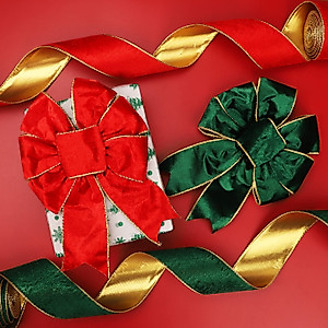 2 Rolls Christmas Ribbons, Red Green Christmas Velvet Ribbons Gold Trim, Velvet Wired Ribbons for Xmas Wrapping DIY Crafts Winter Christmas Festival Decor